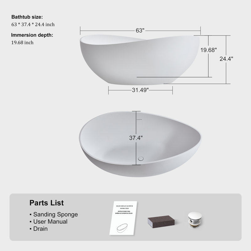 SJ STAR&JANE 63'' x 38'' Freestanding Soaking Solid Surface Bathtub & Reviews | Wayfair